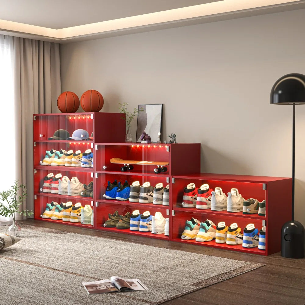 Glass Door Shoe Storage Cabinet RGB LED Light Sneaker Display Organizer ...